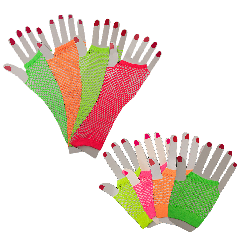 Premium NEON 80s FINGERLESS FISHNET GLOVES Fancy Dress Long Short UV ...